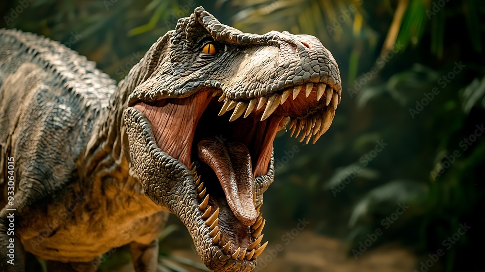 Close-up of a dinosaur's head with its mouth open revealing sharp teeth ...