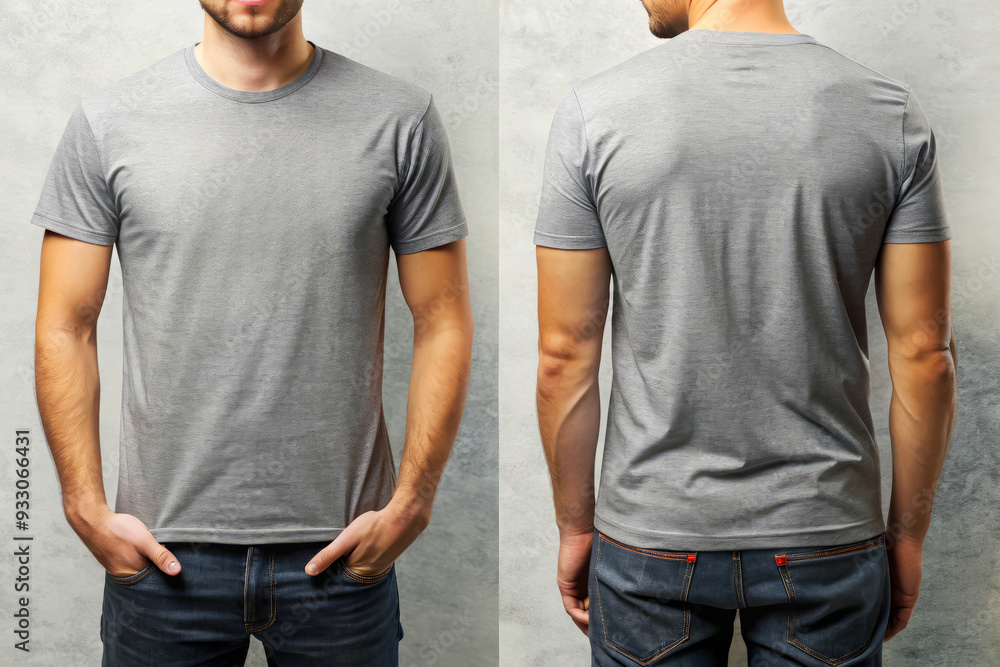 Man in grey t-shirt and jeans, front and back view. Front and back t ...