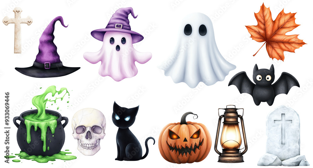 Watercolor Halloween collection clipart with ghosts, witch hats, bat ...