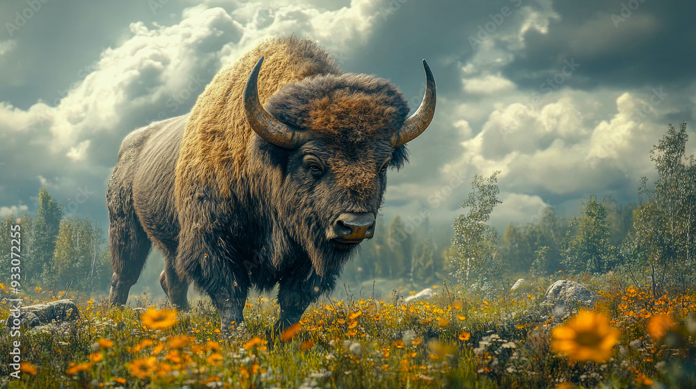 Majestic bison standing proud in a golden field, staring intensely at ...