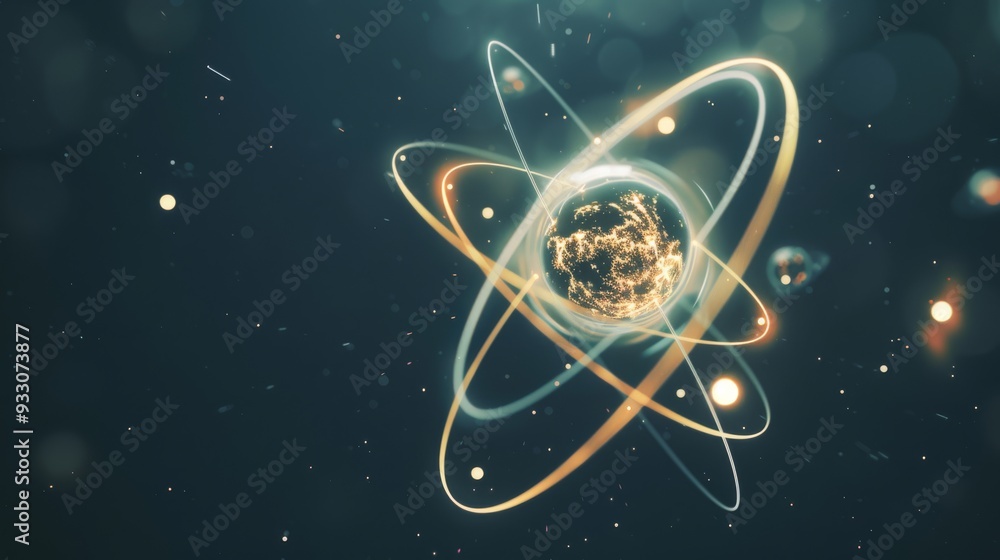 Illuminated atom model with radiant paths highlighting electrons ...