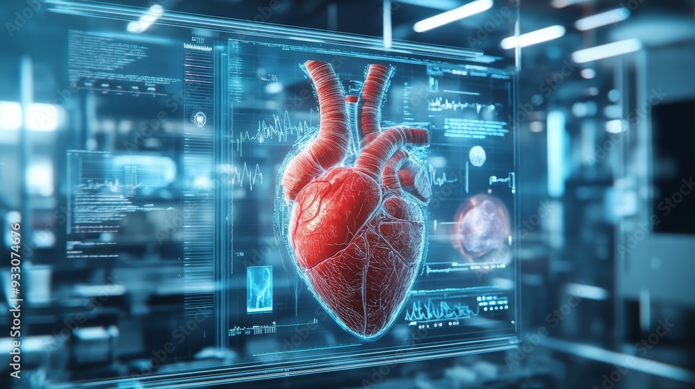 Detailed illustration of human heart anatomy in a futuristic medical ...