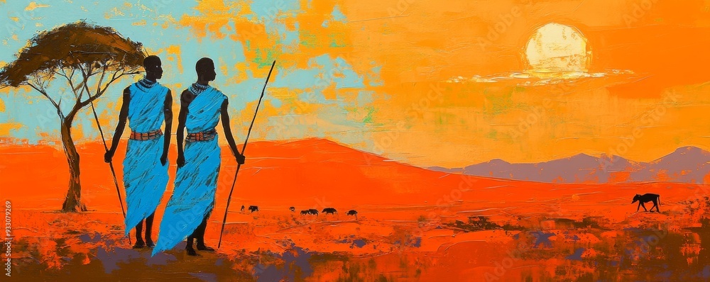 Painting of two African men in blue robes with a sunset background in ...