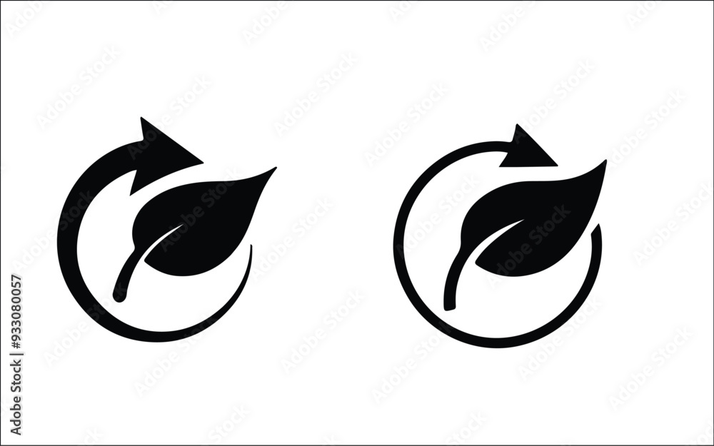 Leaf and arrow icons for biodegradable recyclable organic bio package, vector labels ...