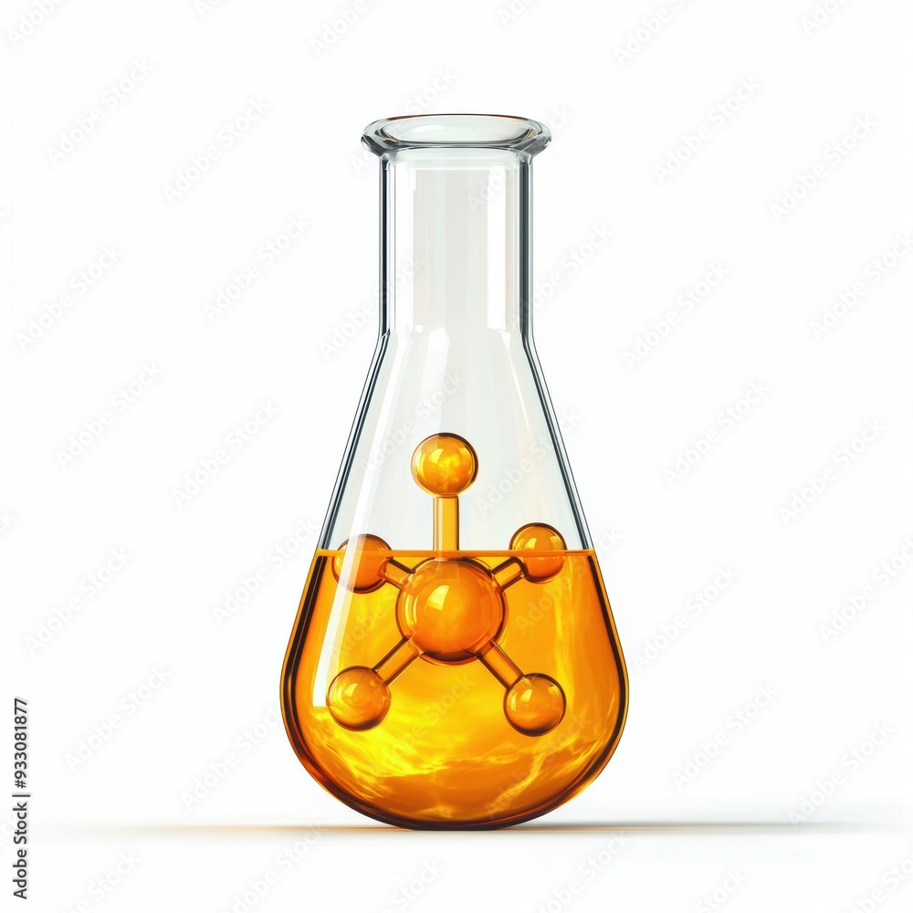 Chemical flask with orange liquid and molecular structure A glass flask ...