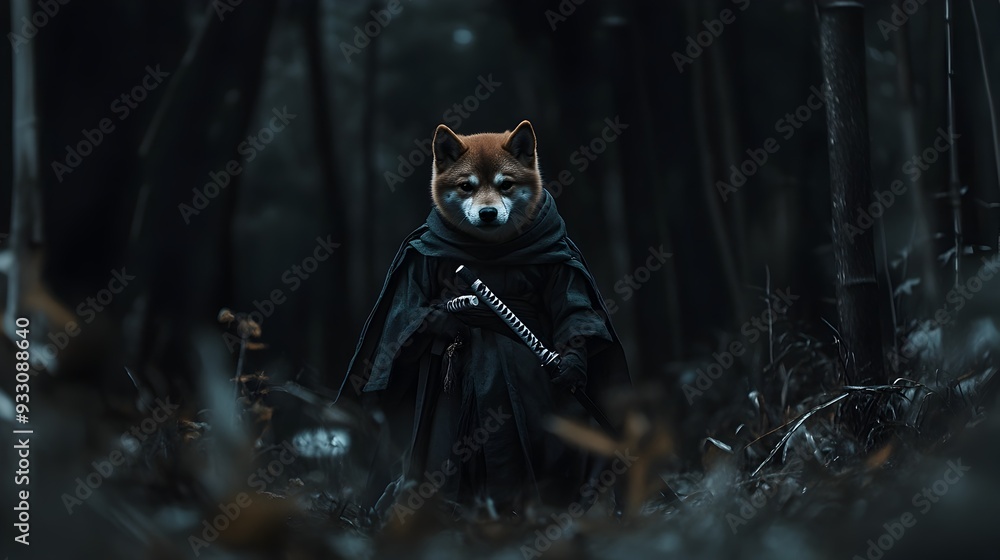 Stealthy Shiba Inu Ninja Prowling Through Mysterious Dark Forest A ...