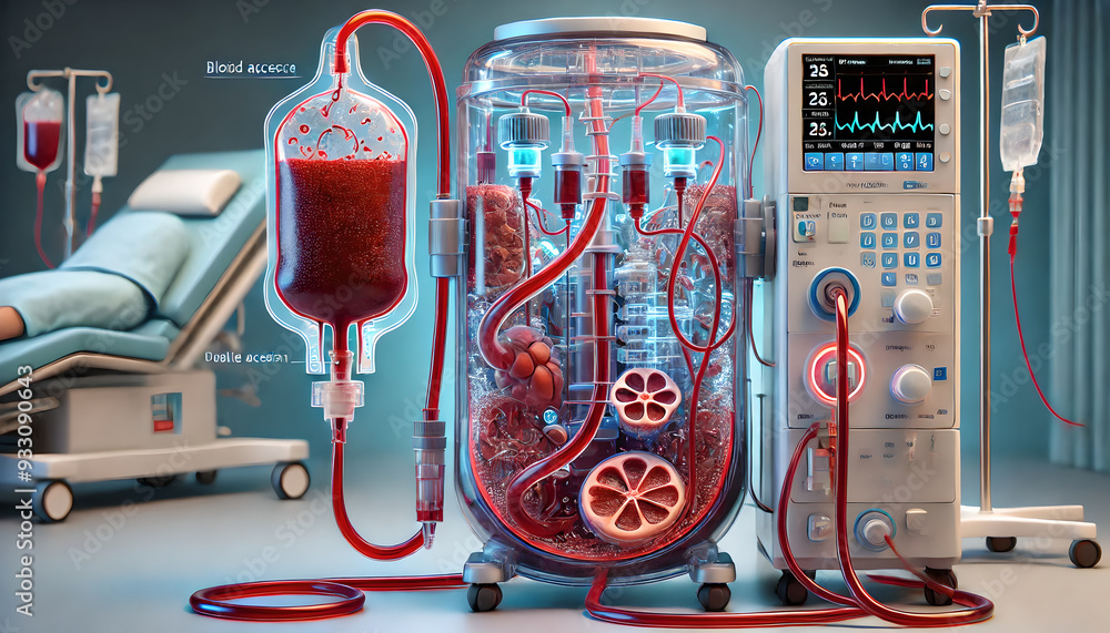 A detailed of a dialysis machine connected to a patient undergoing ...