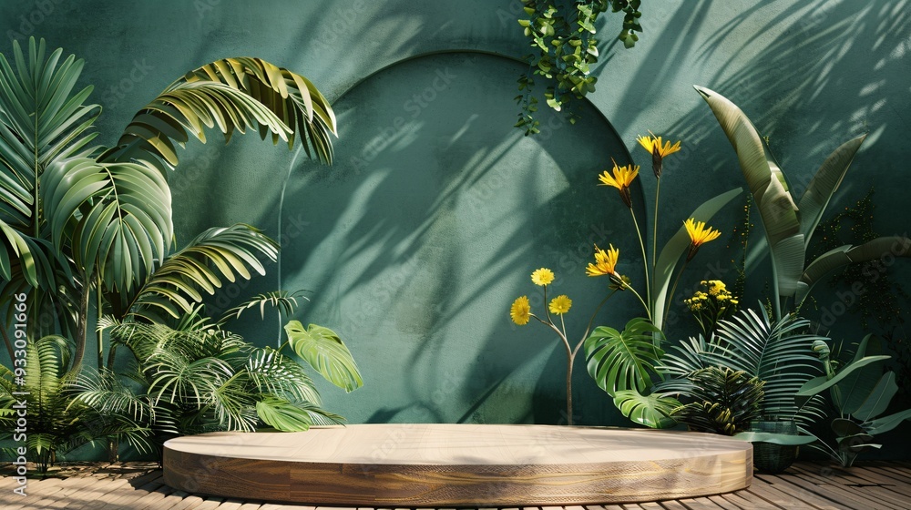 5. Wooden circular platform, green arched backdrop, tropical plants ...