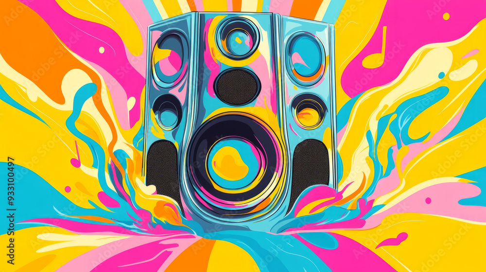 Pop art 60s psychedelic colorful trippy retro style image of speaker ...