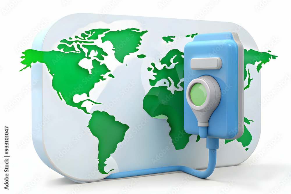3d Flat icon as EV charger and a world map symbolizing global reach ...