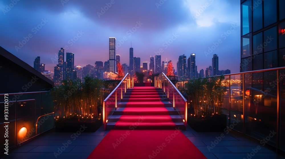 Red carpet leading up to a rooftop event space, city skyline twinkling ...