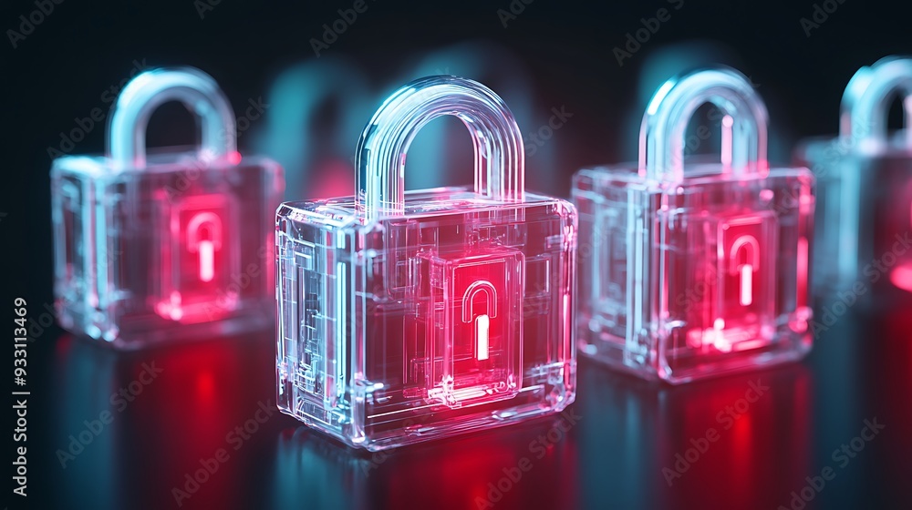 Transparent padlocks with glowing red keys representing cybersecurity ...
