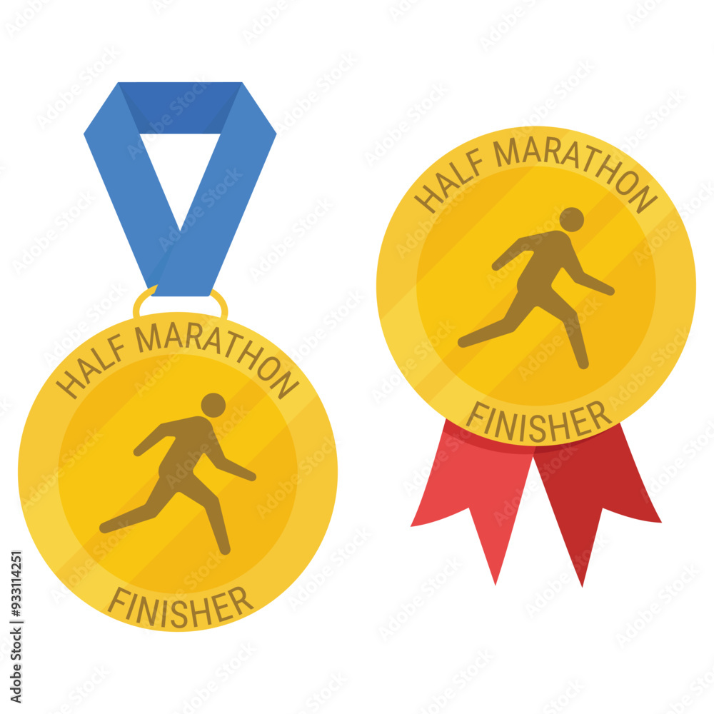 Half marathon finisher gold medal. Set of medals with blue and red ...