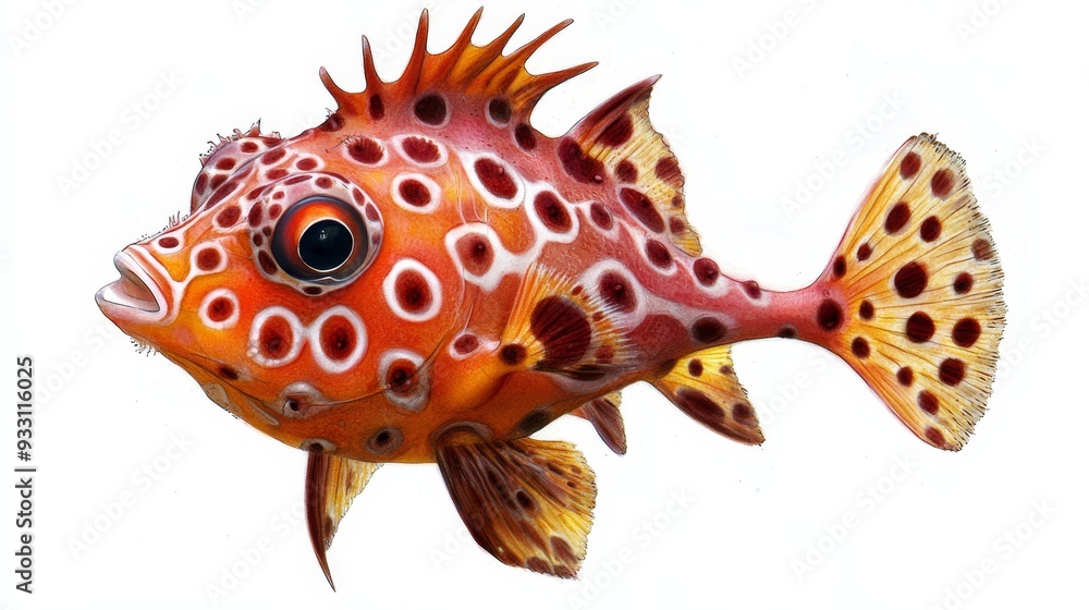 A tight shot of a fish adorned with spots covering its body, plus a ...