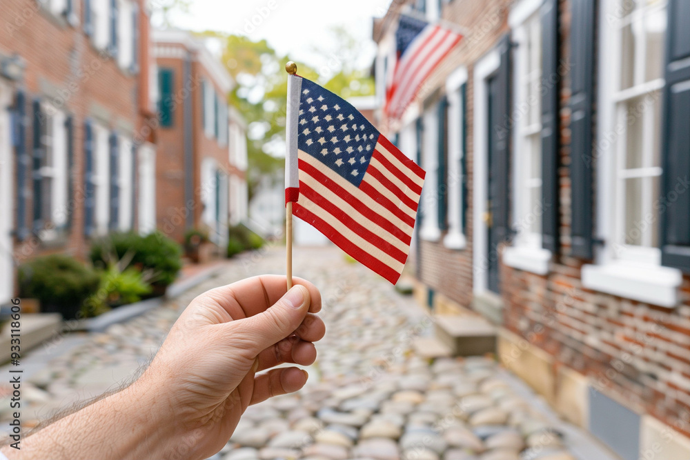 Hand Holding American Flag in a Cobblestone Street. American Flag ...