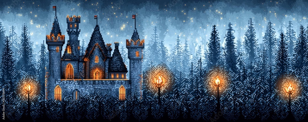 Retro pixel art depicting a castle at the edge of a dense, enchanted ...
