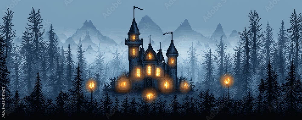 Retro pixel art depicting a castle at the edge of a dense, enchanted ...