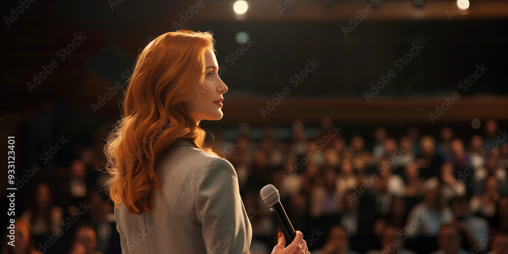 Beautiful female motivational speaker holding a microphone in front on ...