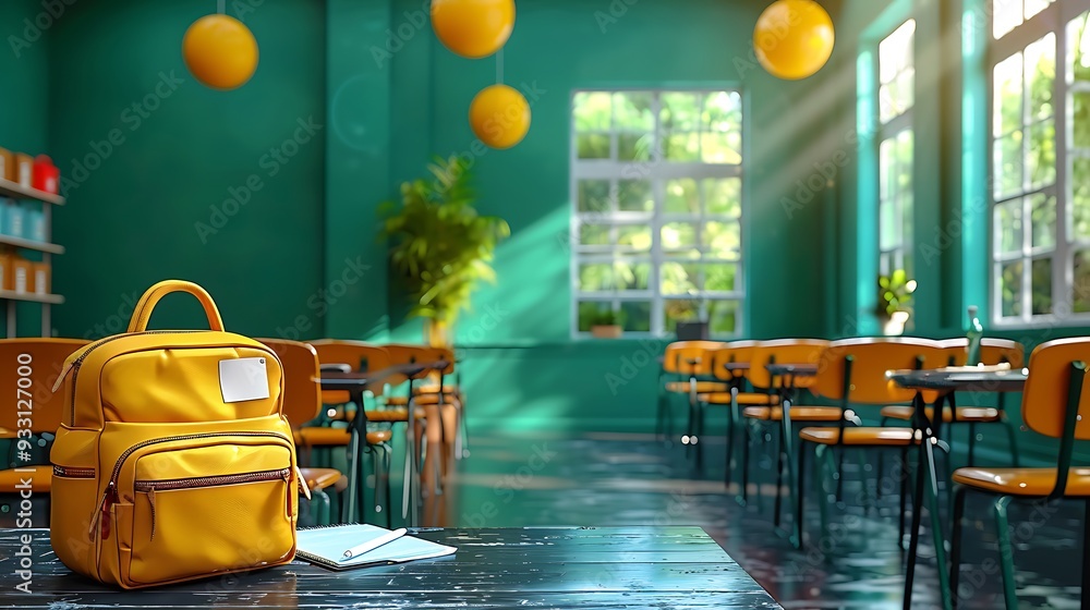 A clean and organized classroom setup with rows of desks, each desk ...