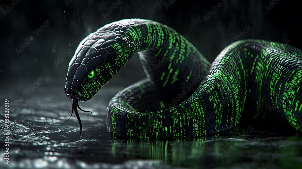 A sleek, black cobra coiled tightly with its hood flared, glowing green ...