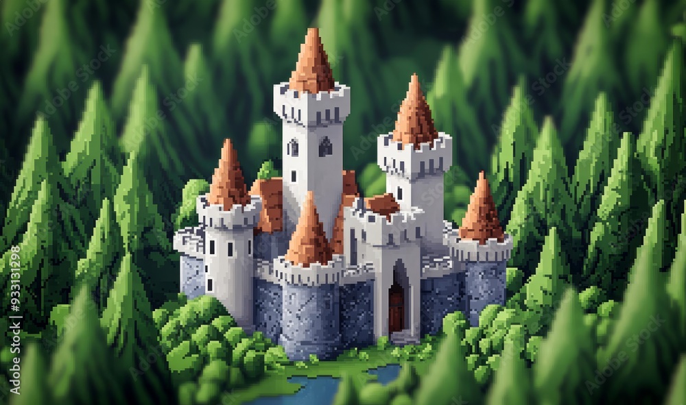Retro pixel art scene of a majestic castle surrounded by a dense forest ...