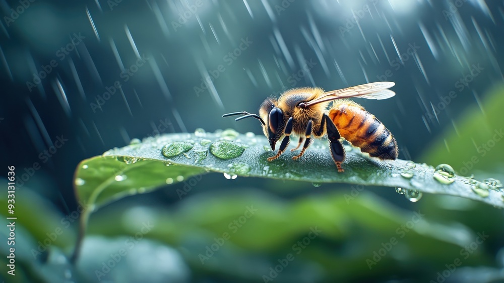 Bee sheltering under a large leaf in a rain-soaked garden, with ...