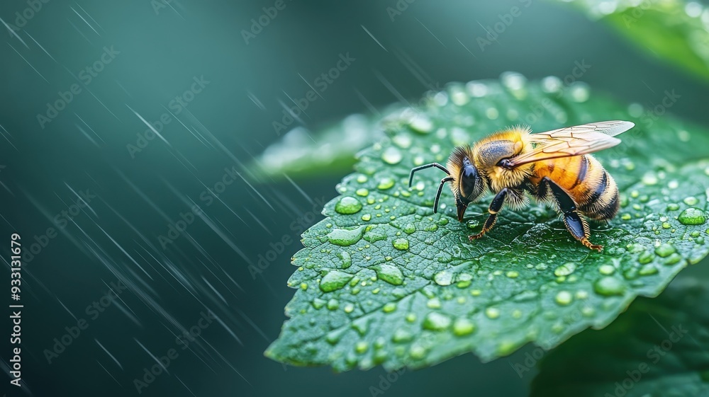 Bee sheltering under a large leaf in a rain-soaked garden, with ...
