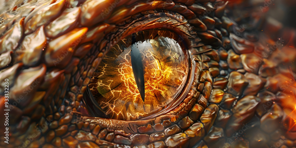 Macro Close-Up of a Dragon's Eye with Fiery Reflections, Representing ...