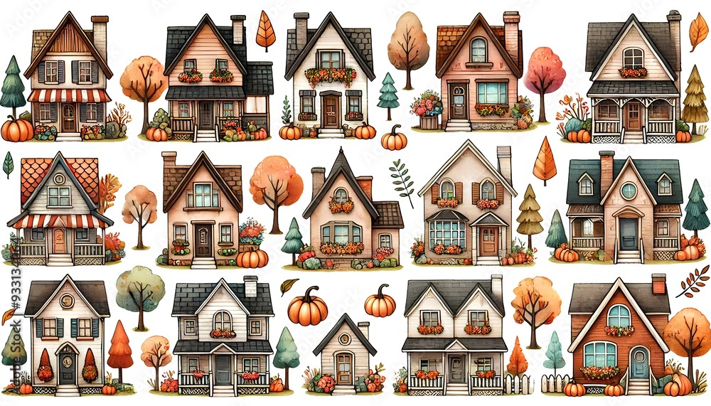 Watercolor cartoon clipart outlines of various types of houses in ...