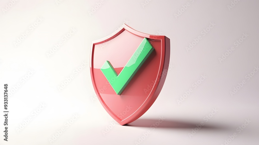 cartoon 3d Icon safety shield green check mark perspective . red symbol ...