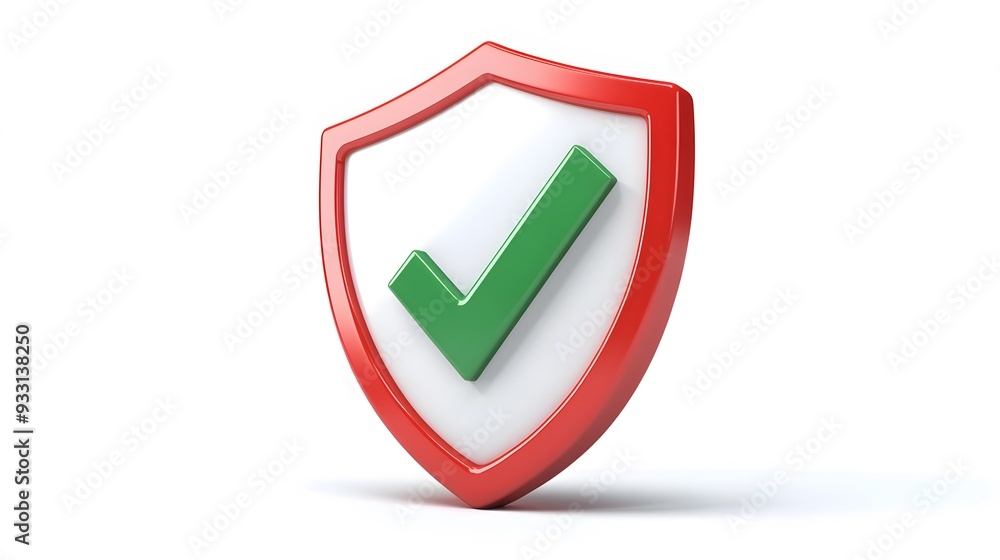 cartoon 3d Icon safety shield green check mark perspective . red symbol ...