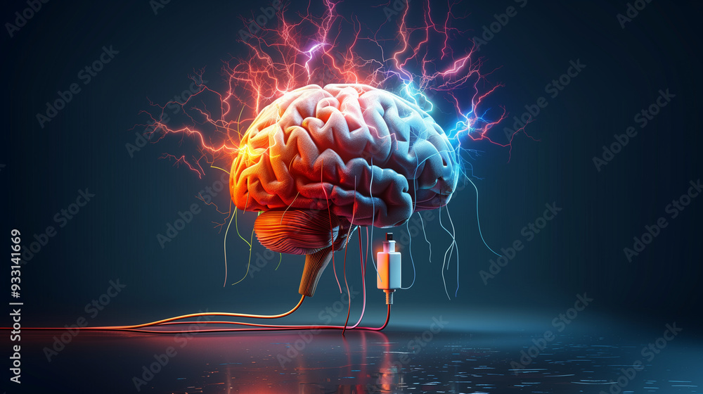 ภาพประกอบสต็อก A human brain with dynamic glowing electric currents ...