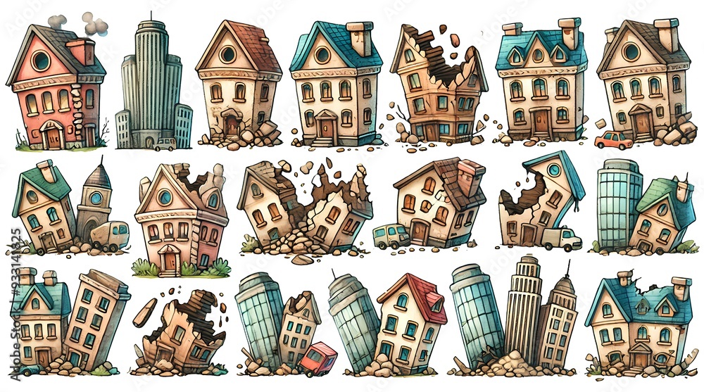 Watercolor cartoon clipart outlines of various types of buildings that ...