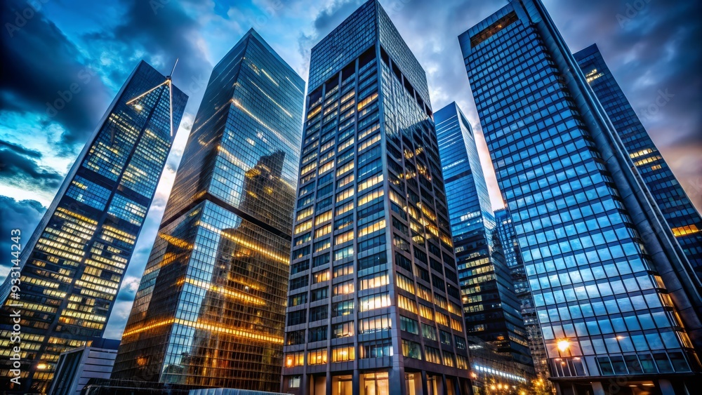 Dramatic low-light shot of angular high-rise office buildings with ...