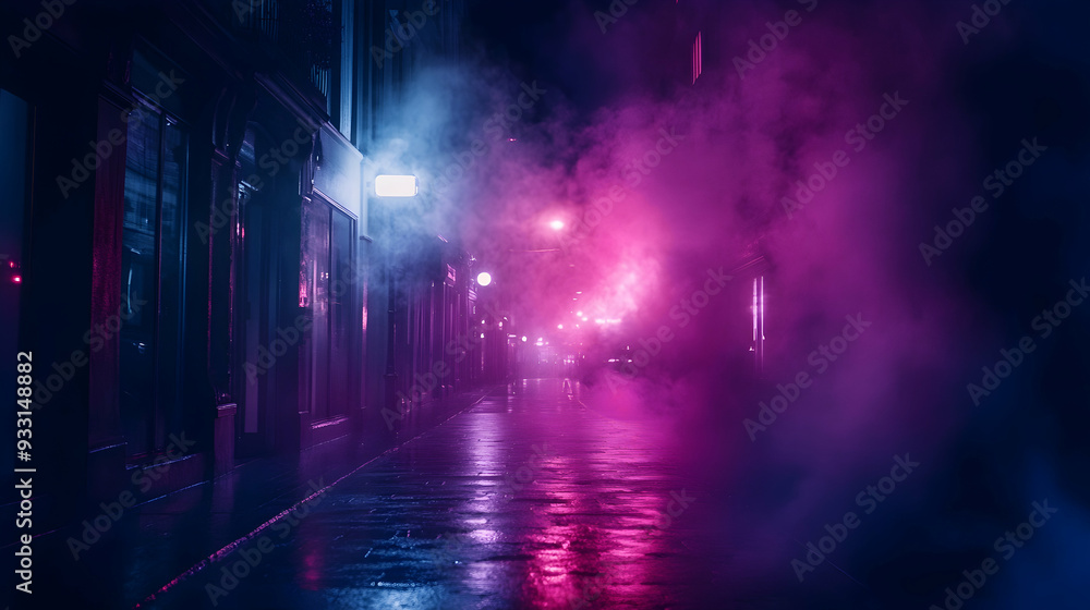 Dark street, night smog and smoke neon light. Dark background of the ...