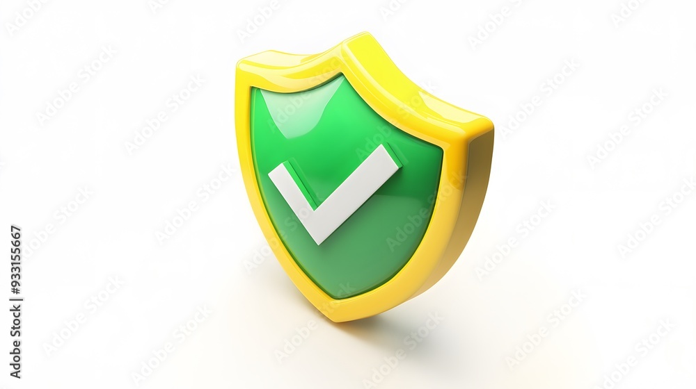 cartoon 3d Icon safety shield green check mark perspective . yellow ...