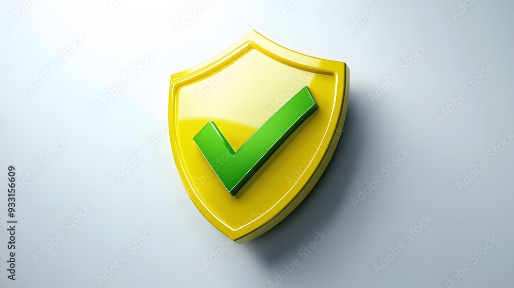 cartoon 3d Icon safety shield green check mark perspective . yellow ...