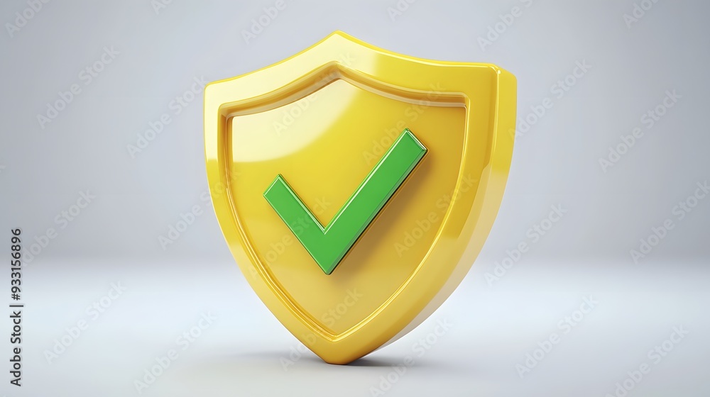 cartoon 3d Icon safety shield green check mark perspective . yellow ...