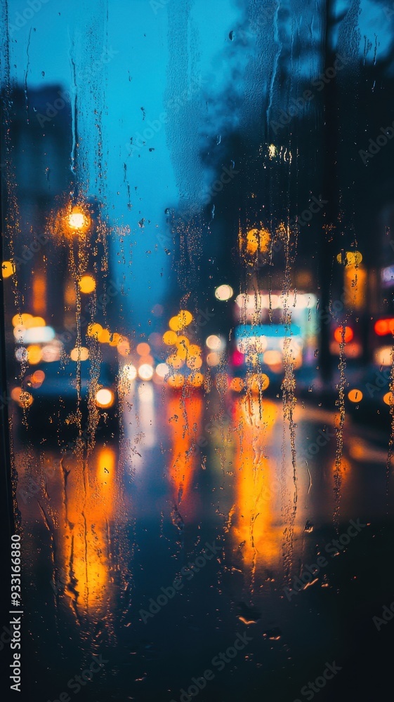 View of Night City through a window on a rainy night,Rain drops on ...