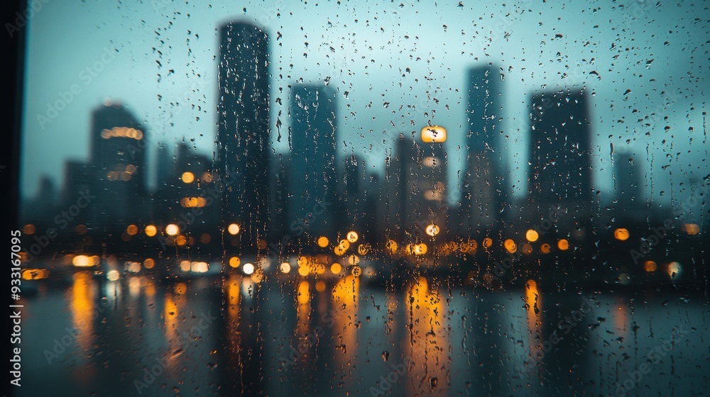 View of Night City through a window on a rainy night,Rain drops on ...