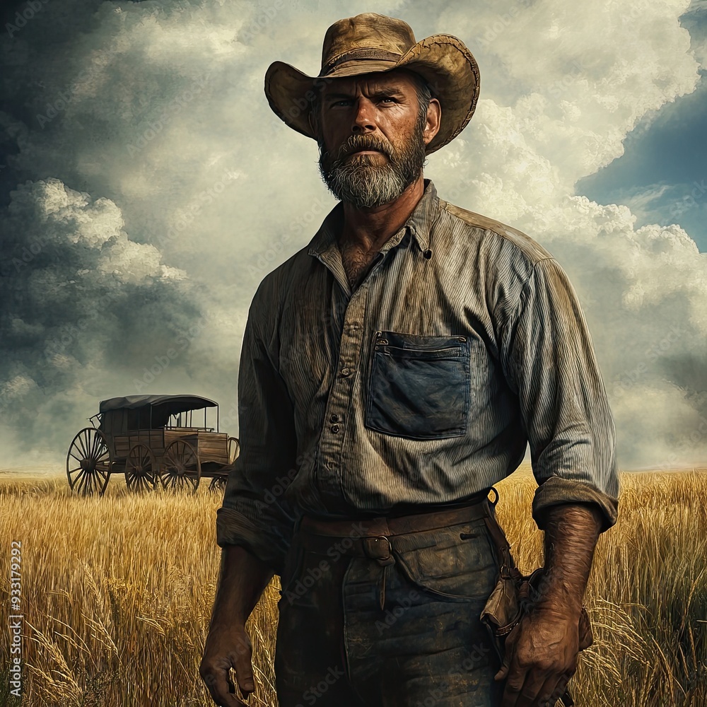 Settler farmer man, in the 1800s, portrait, standing, pocketing, and background of an open field ...