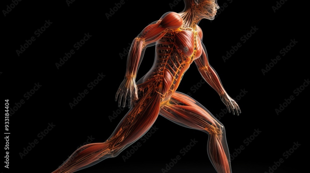 Anatomical structure of muscular system of human body, dark background ...
