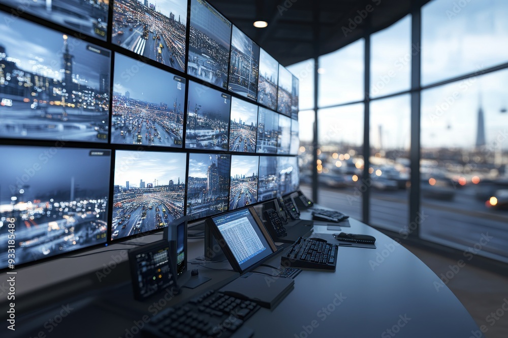 Traffic control room with multiple monitors displaying city traffic in ...