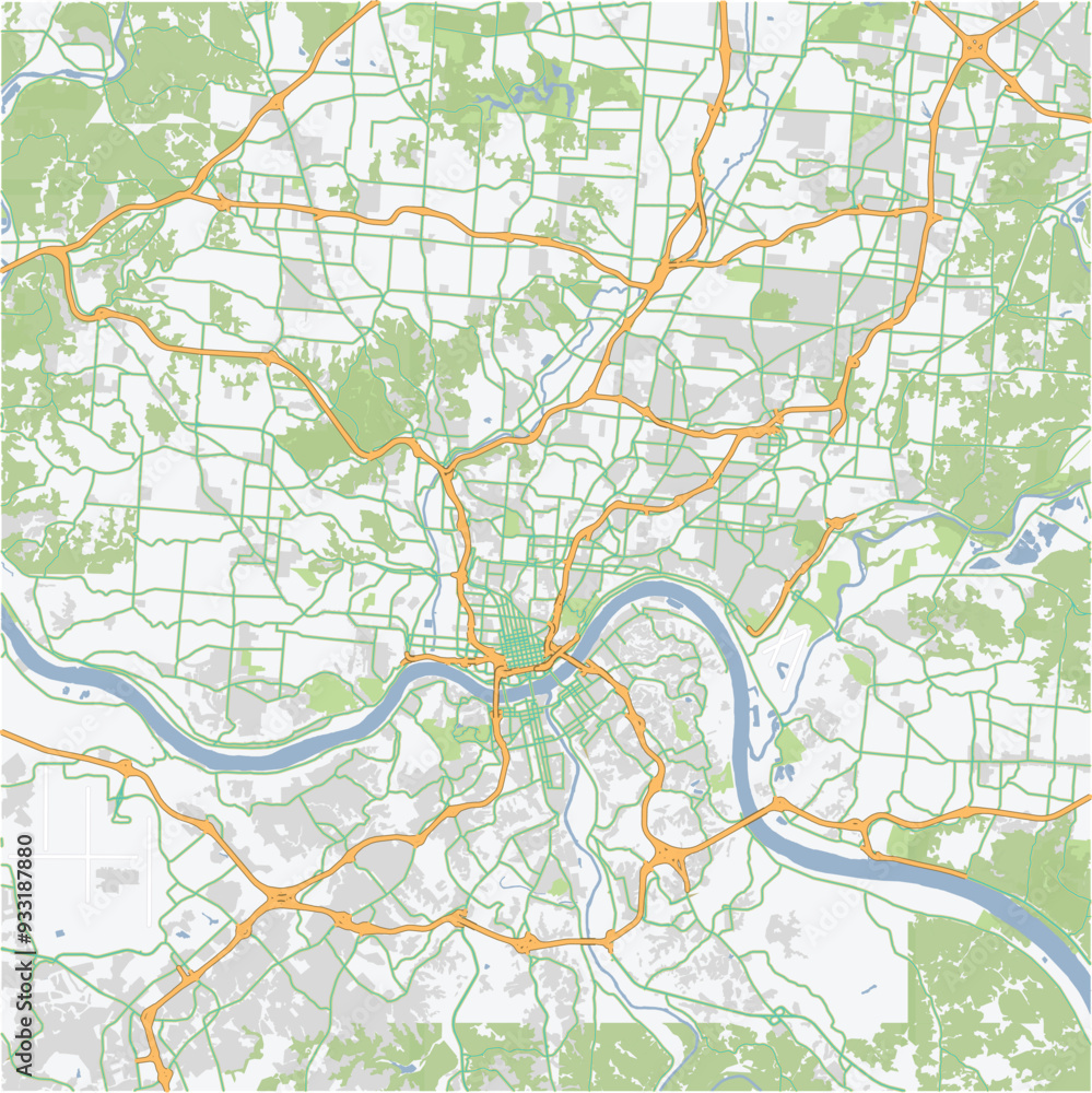 Road map of Cincinnati in Ohio. Contains layered vector with roads ...
