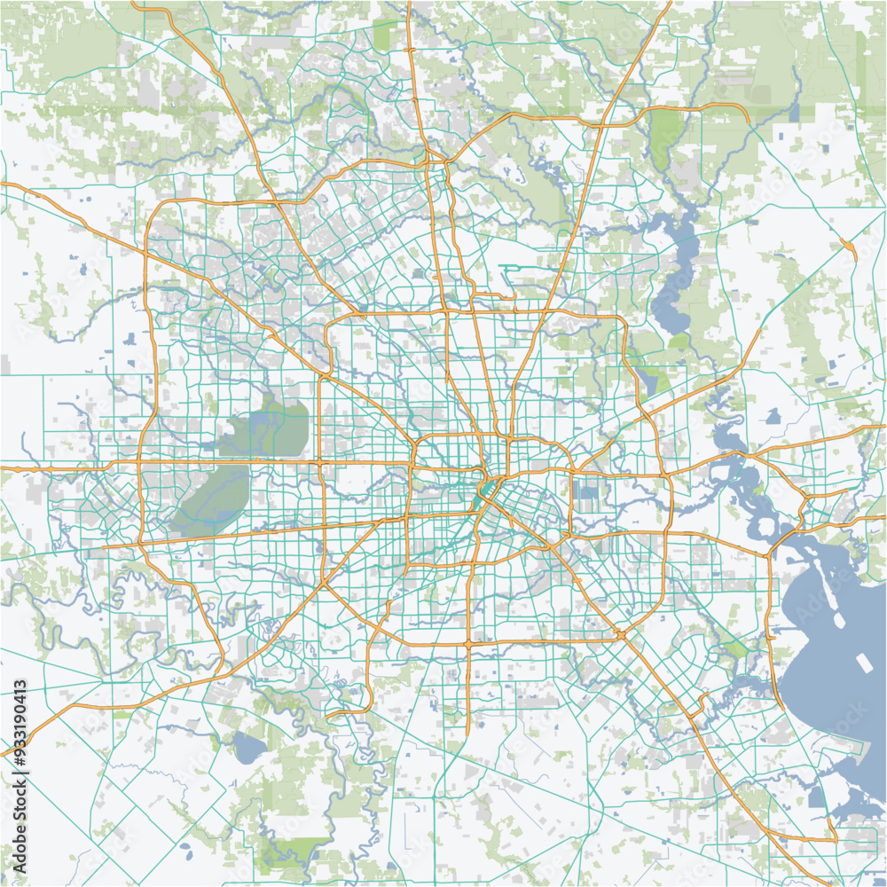 Road map of Houston in Texas. Contains layered vector with roads water ...