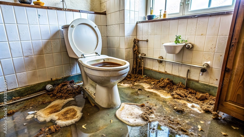 Overflowing toilet bowl with dirty water and debris surrounded by dirty ...