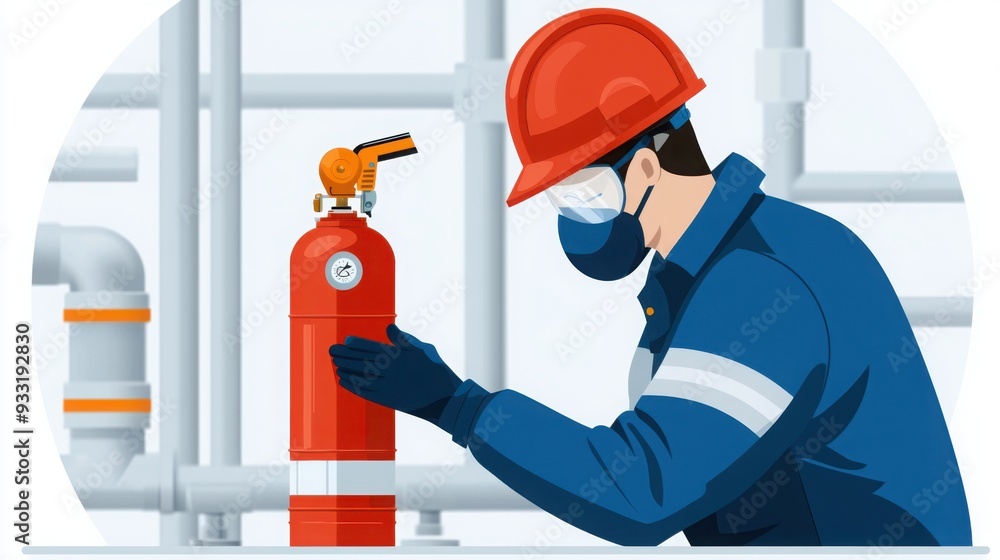 Flat design of a worker checking a factory fire extinguisher for safety ...
