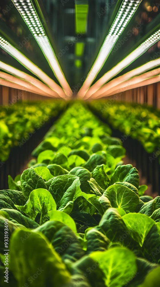 Bright LED lights illuminating rows of leafy green crops in a vertical ...