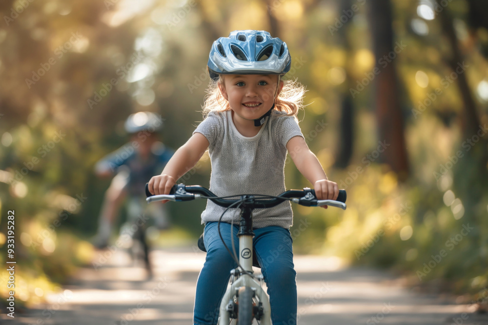 Child riding bike. Kid on bicycle in sunny park. Little girl enjoying bike ride on her way to ...