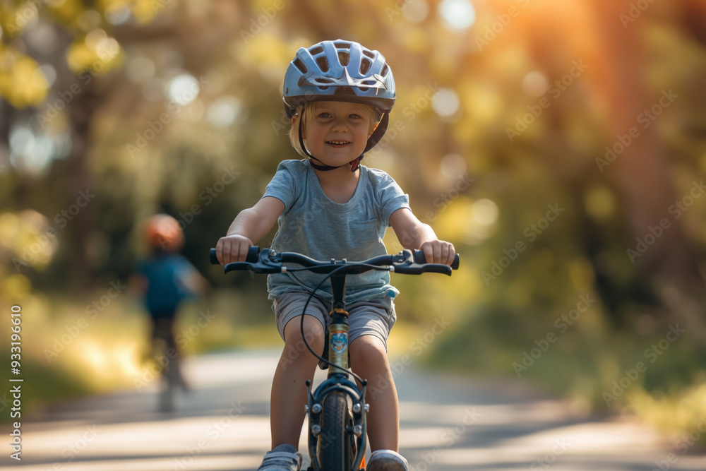 Child riding bike. Kid on bicycle in sunny park. Little girl enjoying ...